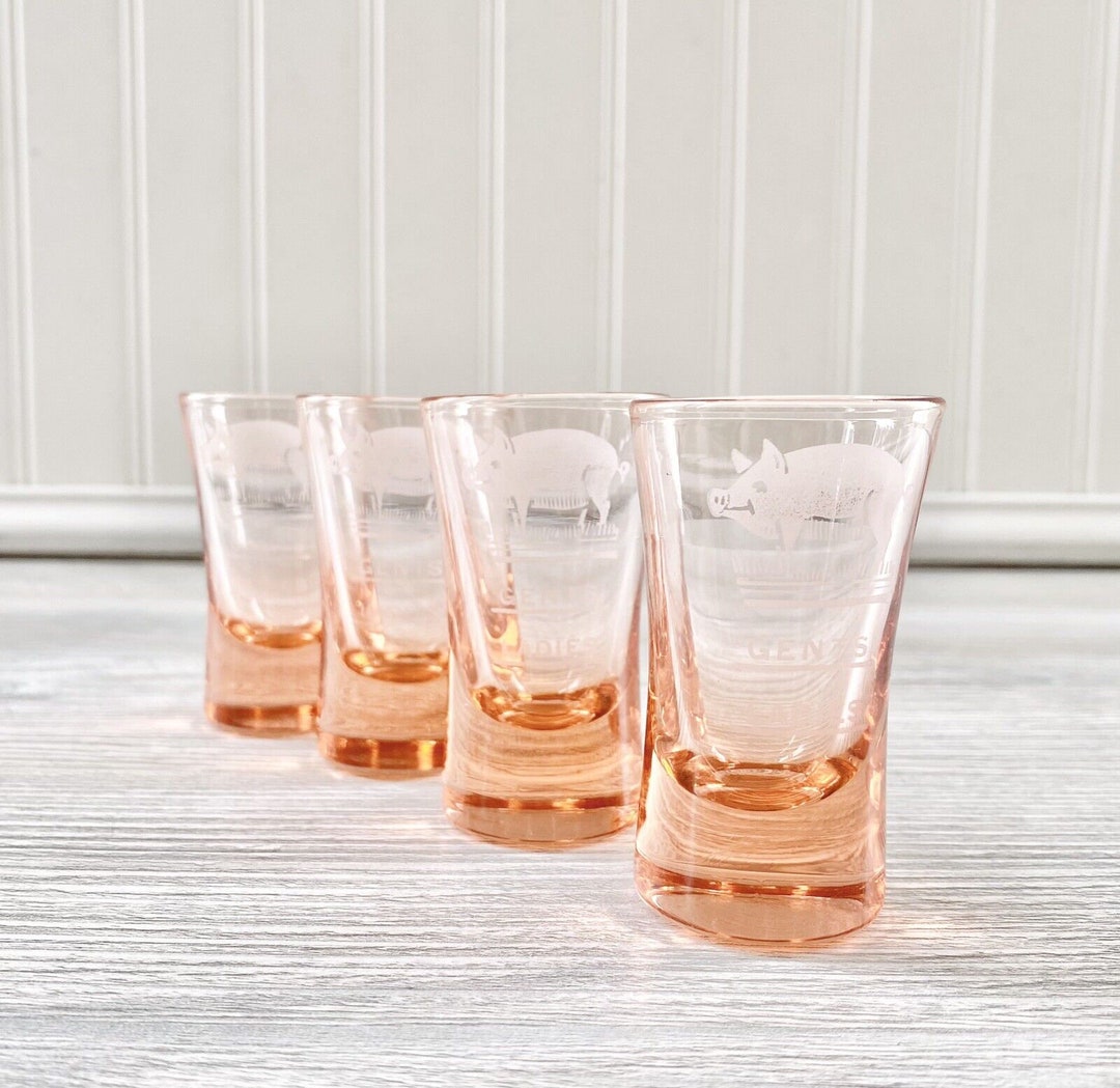 Set of 4 Vintage Pink Shot Glass Etched Pig Ladies Gents - Etsy