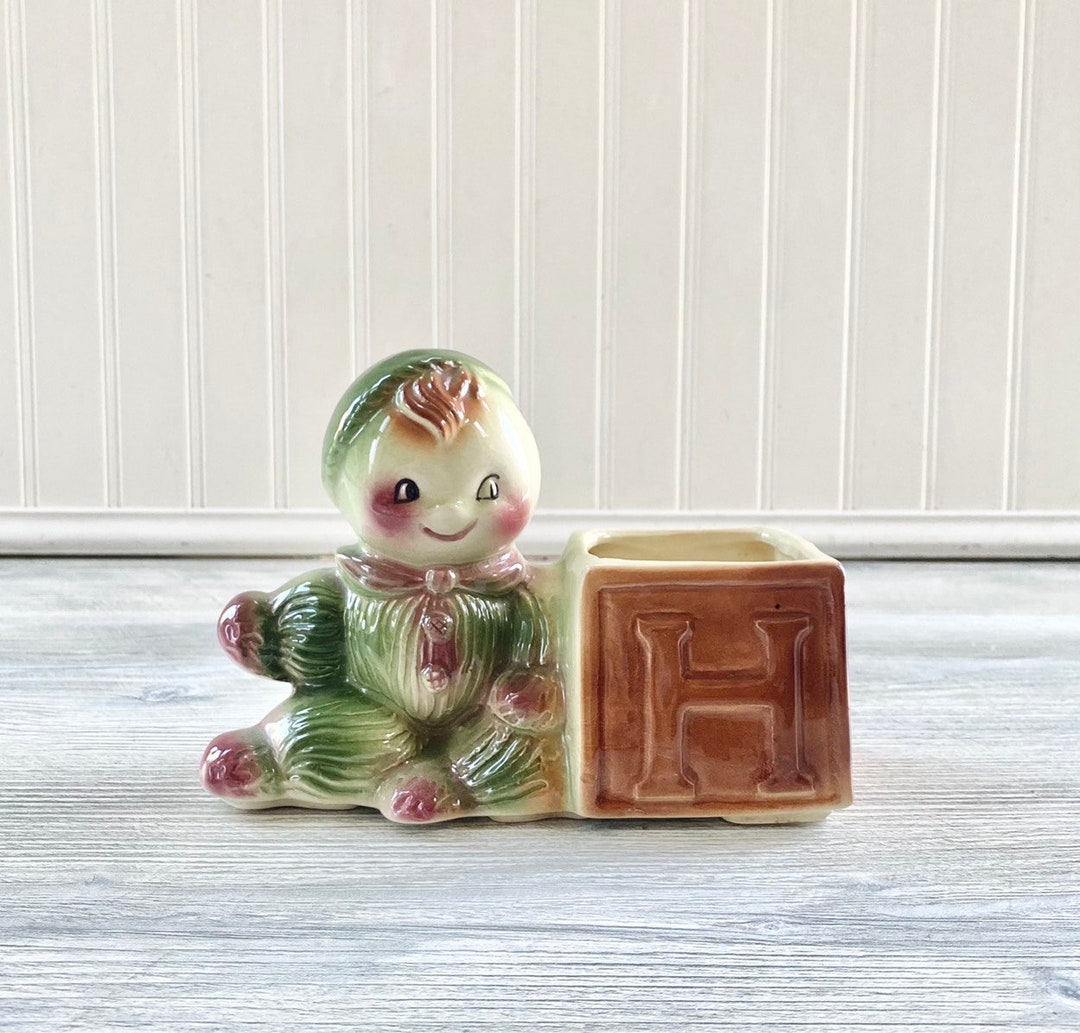 Vintage Ceramic Baby With Block Planter Brown Green Pottery Nursery ...