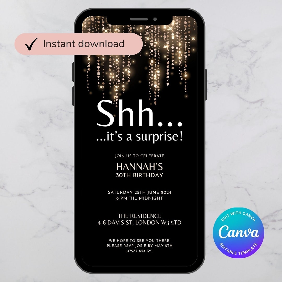 Digital Birthday Invitation, Shh... It's a Surprise Invite , Surprise ...