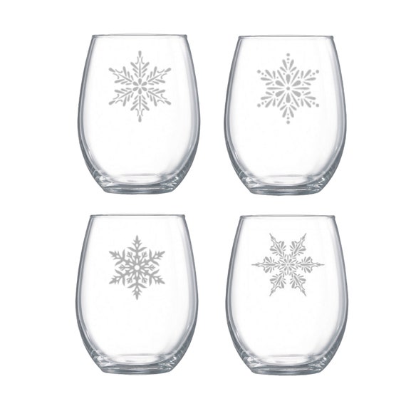 Snowflake Etched Wine Glasses Set of 4 Christmas Glassware | Etsy