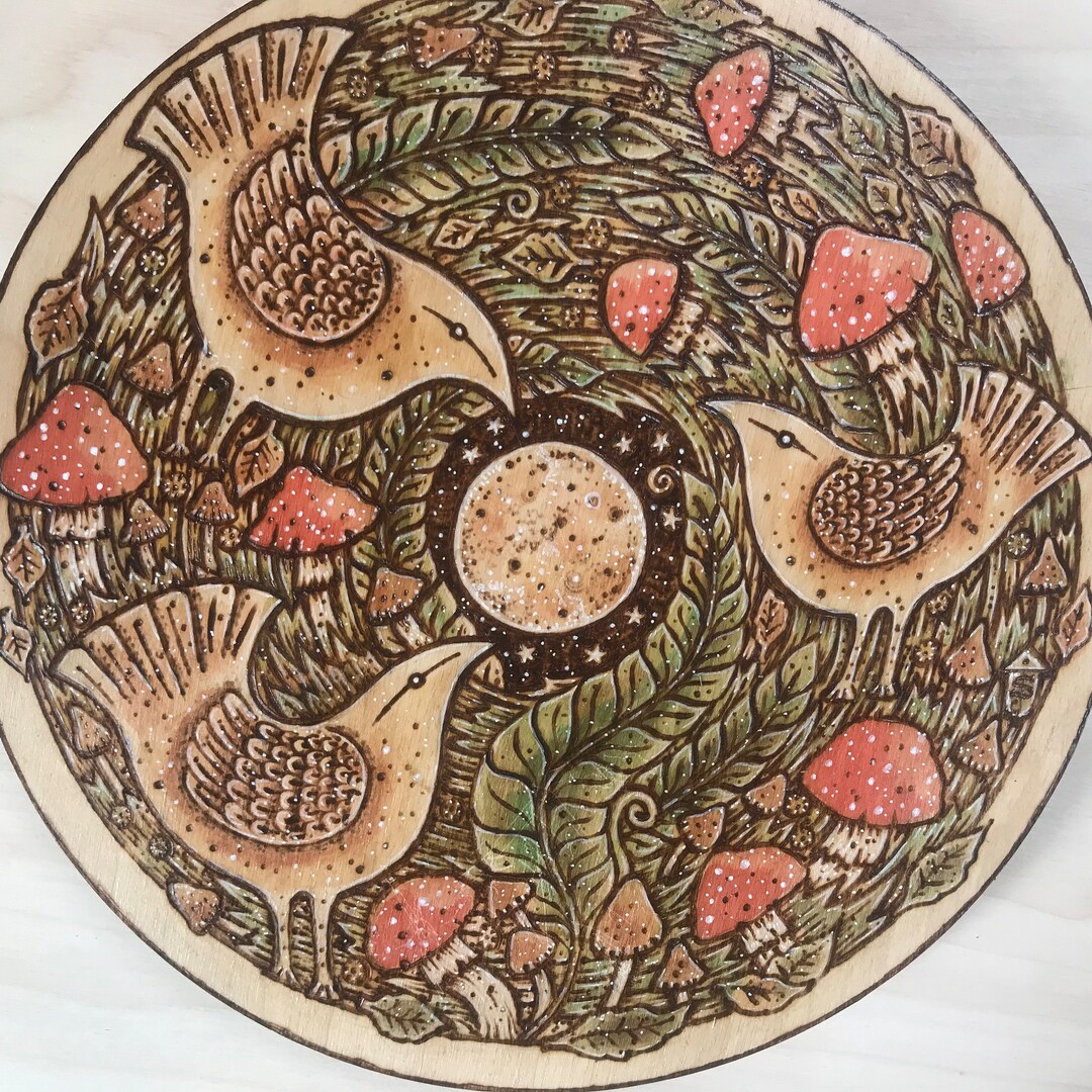 Fern and Fungi Birds Original Wood Burnt and Painted Round, Pyrography ...