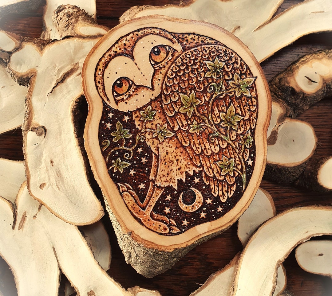 Ivy Owl Wood Burnt Art, Original Pyrography Decorated Painted Wood ...
