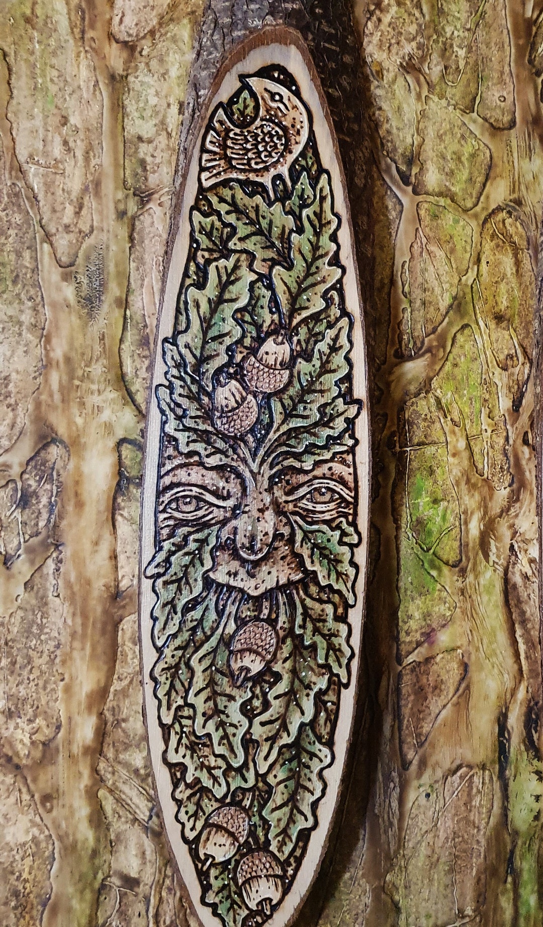 Bird in Oak Tree Spirit Wood Burnt Art, Original Pyrography Decorated ...