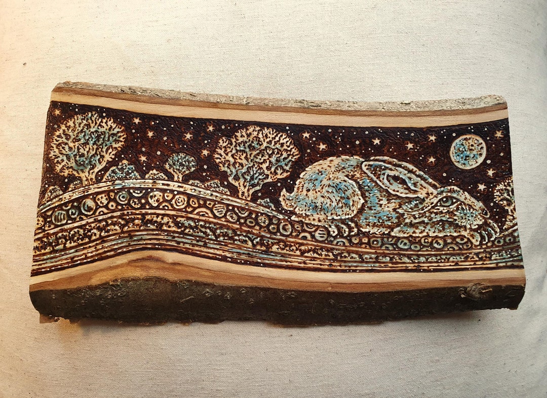 Blue Moon Hare Wood Burnt Art, Original Pyrography Decorated Holly Wood ...