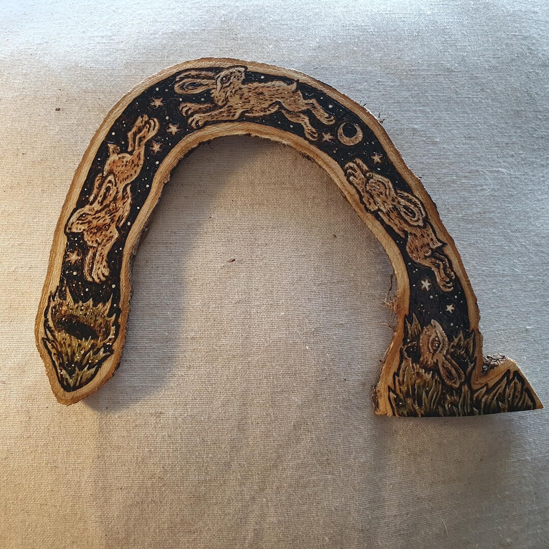 Leaping Rabbits~ Wood Burnt Art, Original Pyrography Decorated Painted ...