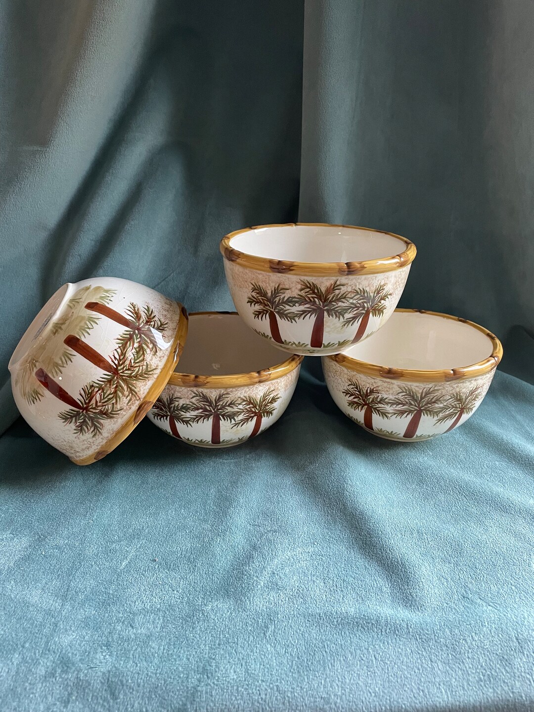 Vintage Palm Tree Ceramic Bowls - Set of 4 Coastal Decor - Etsy