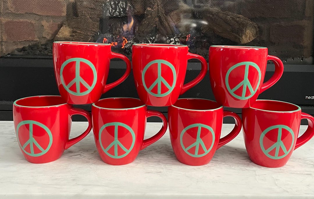 Sundance Vintage Peace Sign Hand Painted Red & Aqua Green Mugs Set of 7 ...