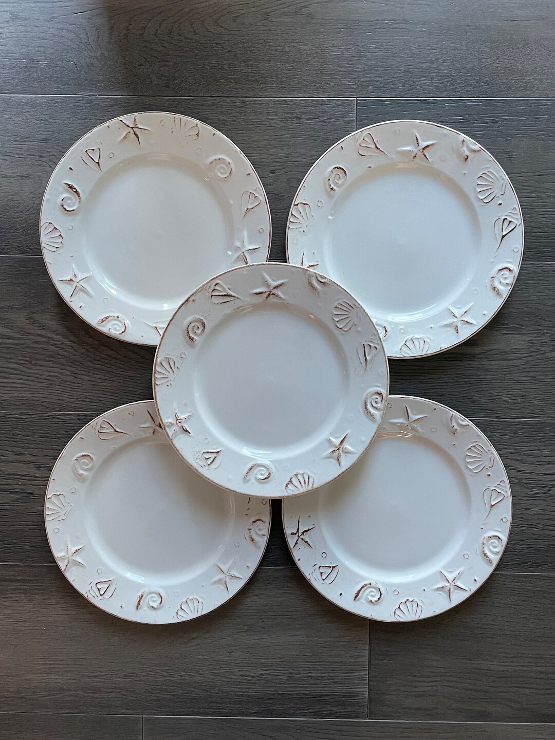 Thomson Pottery Coastal Dinner Plates: Seashell Starfish Embossed, Set ...