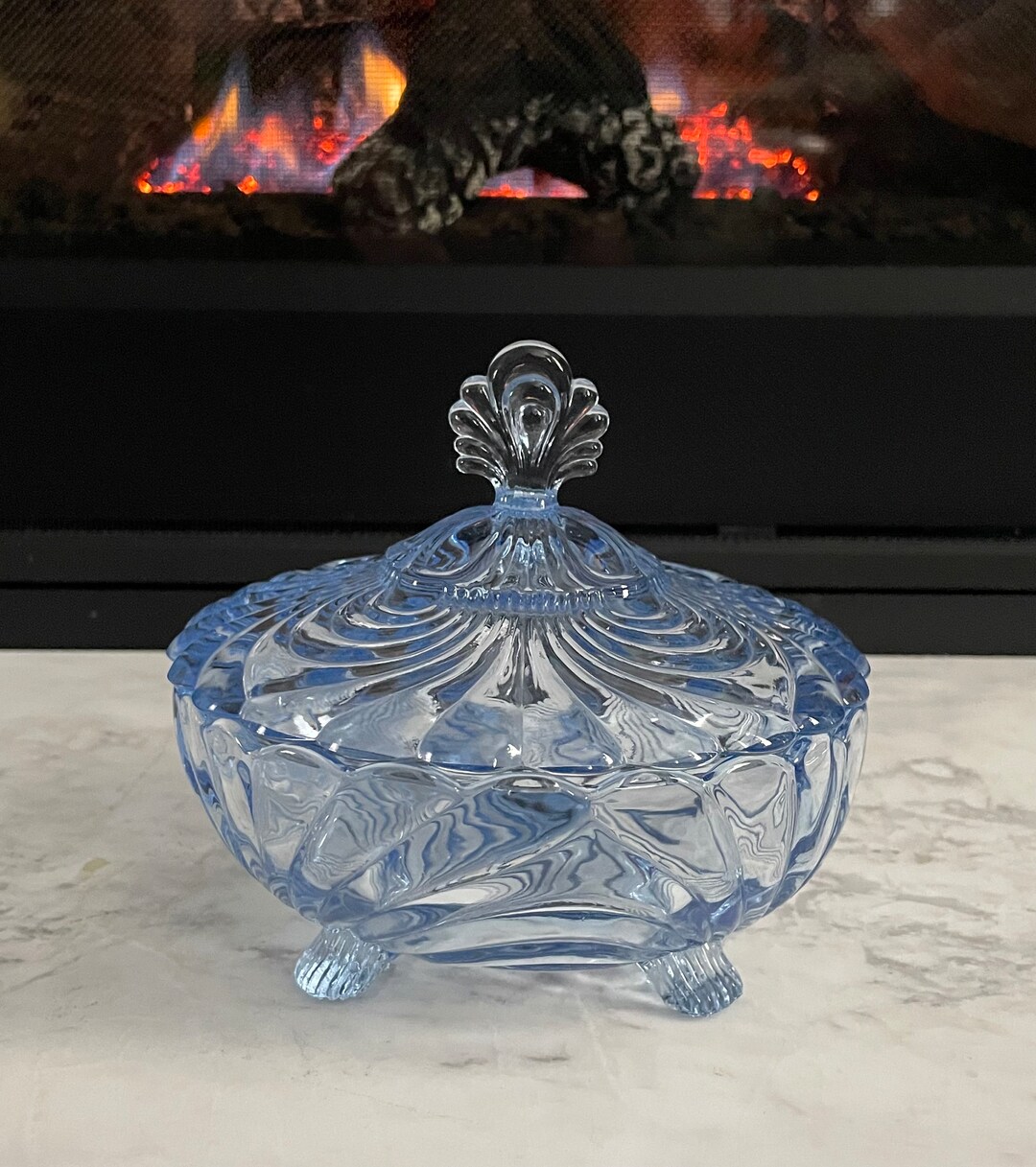 Vintage Cambridge Caprice Moonlight Blue 3 Footed Covered Glass Candy Dish With Ornate Finial - Etsy