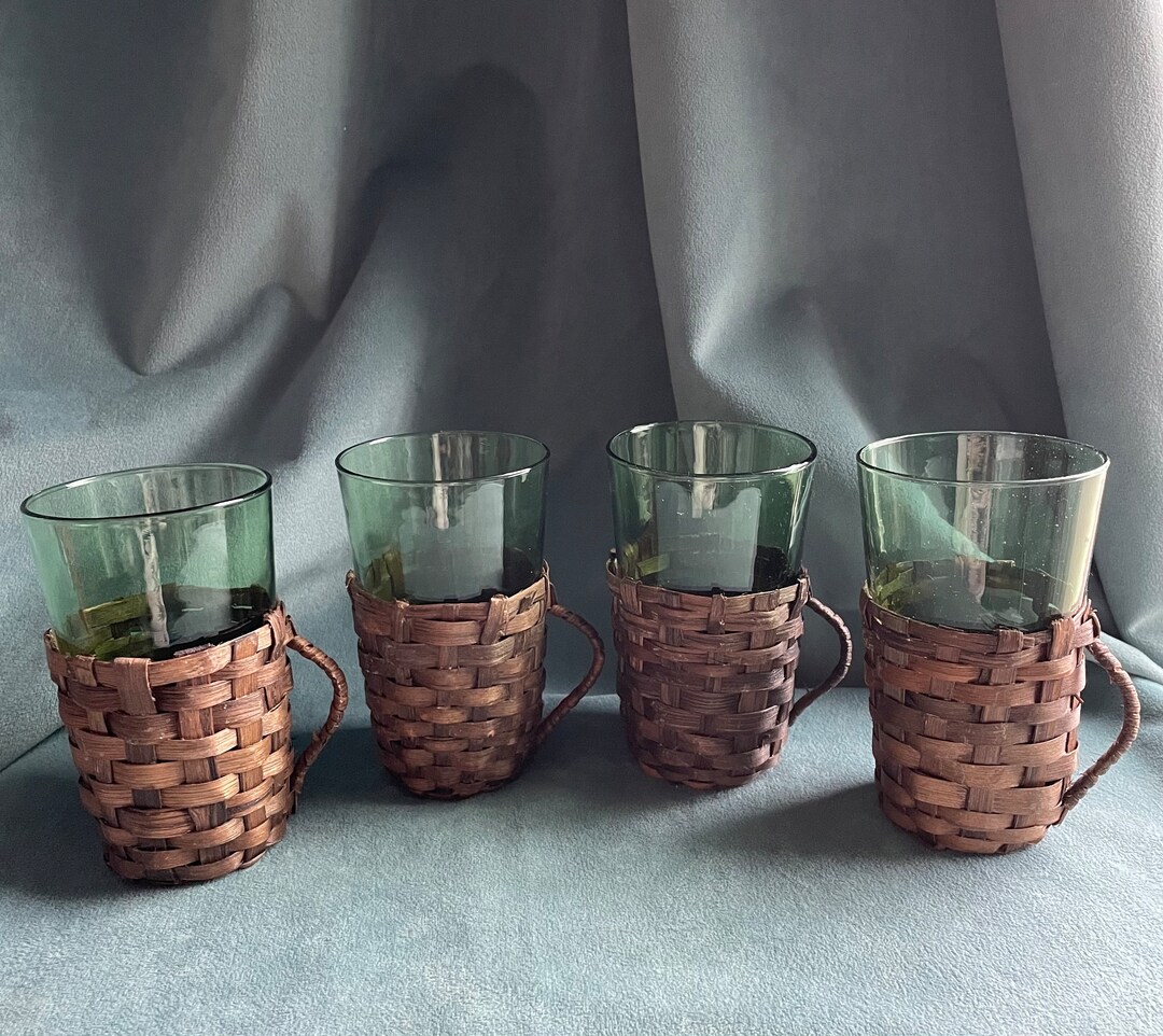 Vintage Mid Century Green Tumbler Glasses With Brown Woven Wicker Cup ...