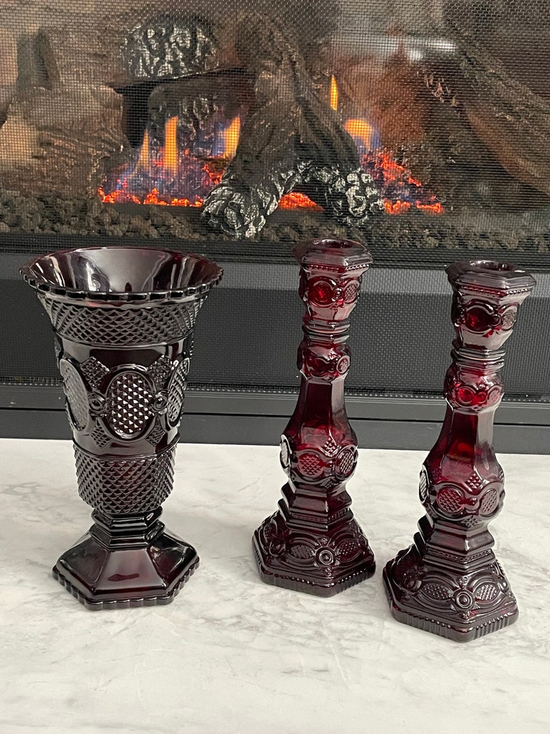Vintage Avon Cape Cod 1876 Ruby Red Pressed Glass Table Vase and 2 Candlestick Candle Holders - Etsy