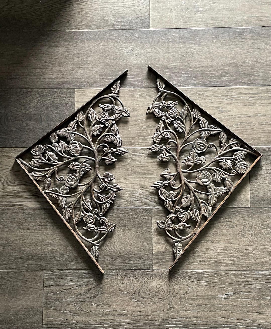 Vintage Large Victorian Cast Iron Climbing Roses Casting Bracket Set of ...