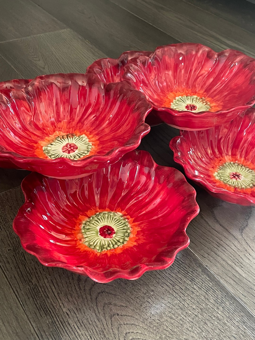 Maxcera Mum Florals Red Poppy Ceramic Sculpted Floral Shaped Bowls Set ...