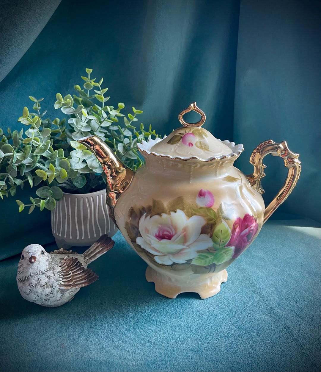 Vintage Lefton Heritage Brown Porcelain Roses and Gold Gilt Teapot - Etsy