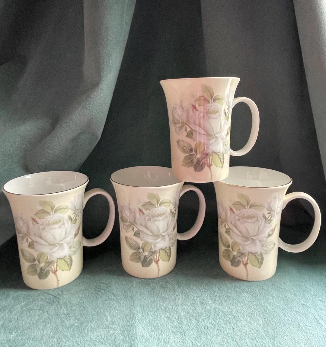 Gracie Bone China Iceberg White Roses Coffee or Teatrumpet Mug Set of 4 ...