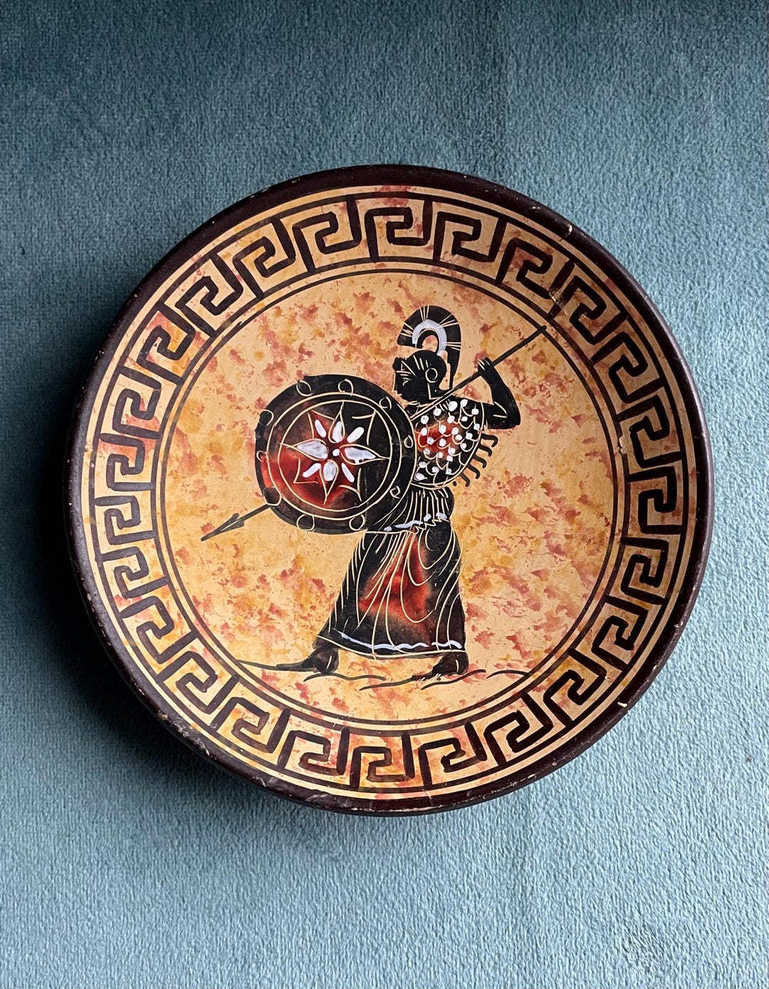 Vintage Greek Key Clay Art Pottery Hand Painted Warrior Small Trinket ...