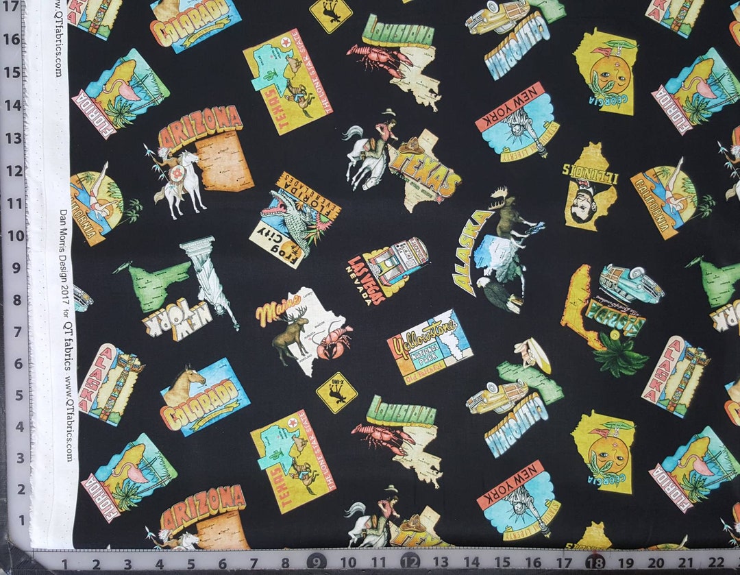 Historic State Travel Stickers on Black. 100% Cotton Quilting Fabric ...
