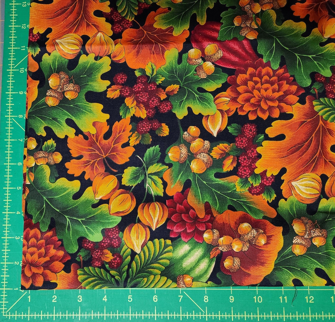 Bold Fall Leaves Nuts Berries and Flowers on Black. 100% Cotton Fabric ...