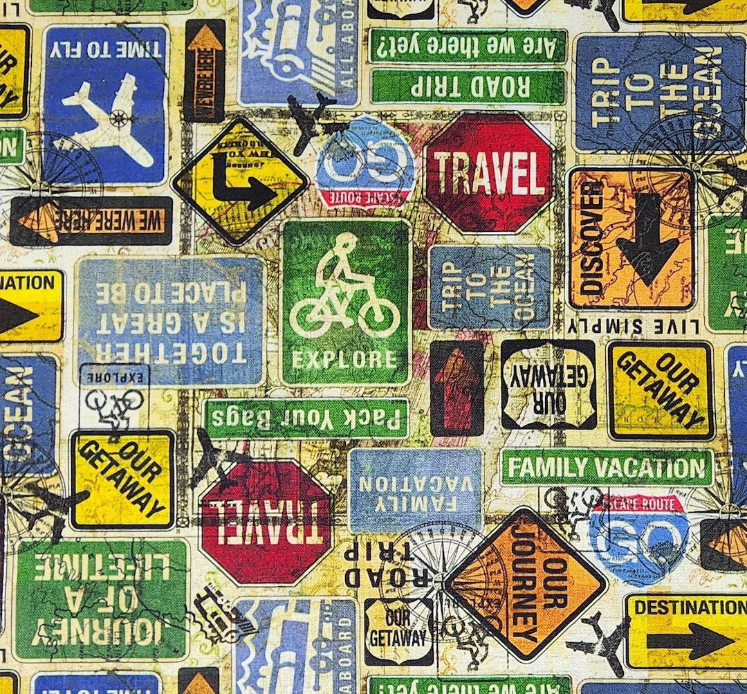 Travel Vacation Road Side Signs. Pre-cut FAT Quarter (1) 100% Cotton ...