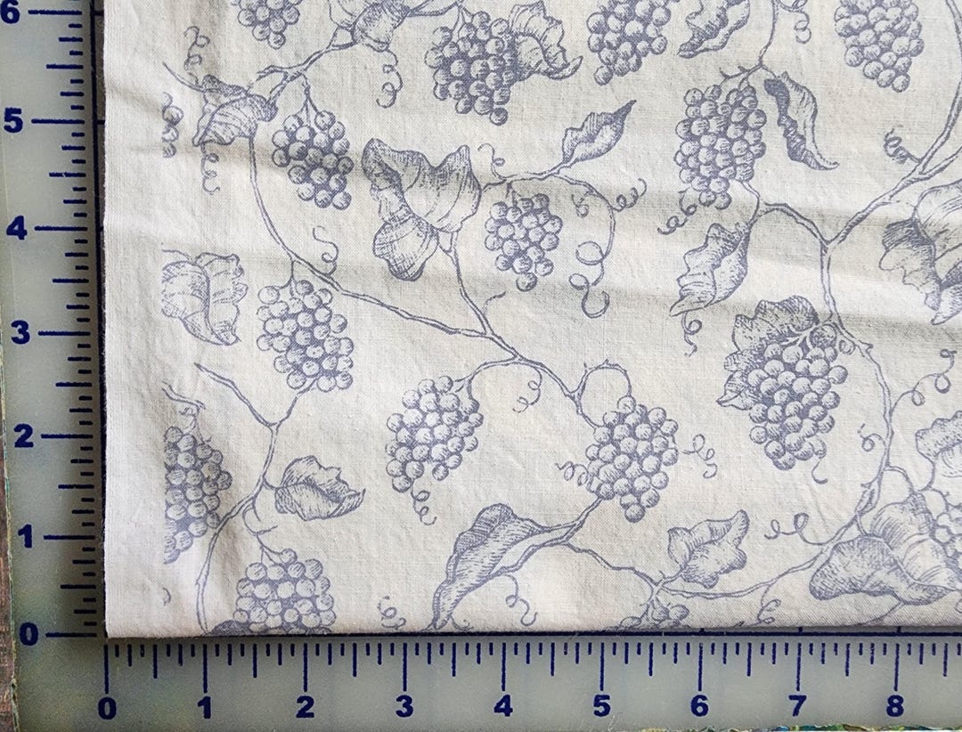 Twall Type Print, White With Faded Denim Blue Grapes Leaves & Vines ...