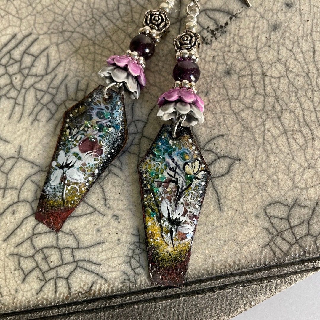 Floral Coffin Dangle Earrings, Enameled Copper, Gothic Jewelry - Etsy