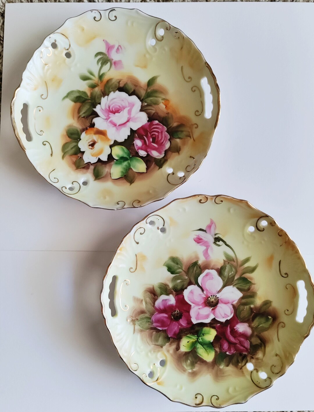 Two Vintage Enesco Flower Designed Porcelain Plates. Hand Painted and ...