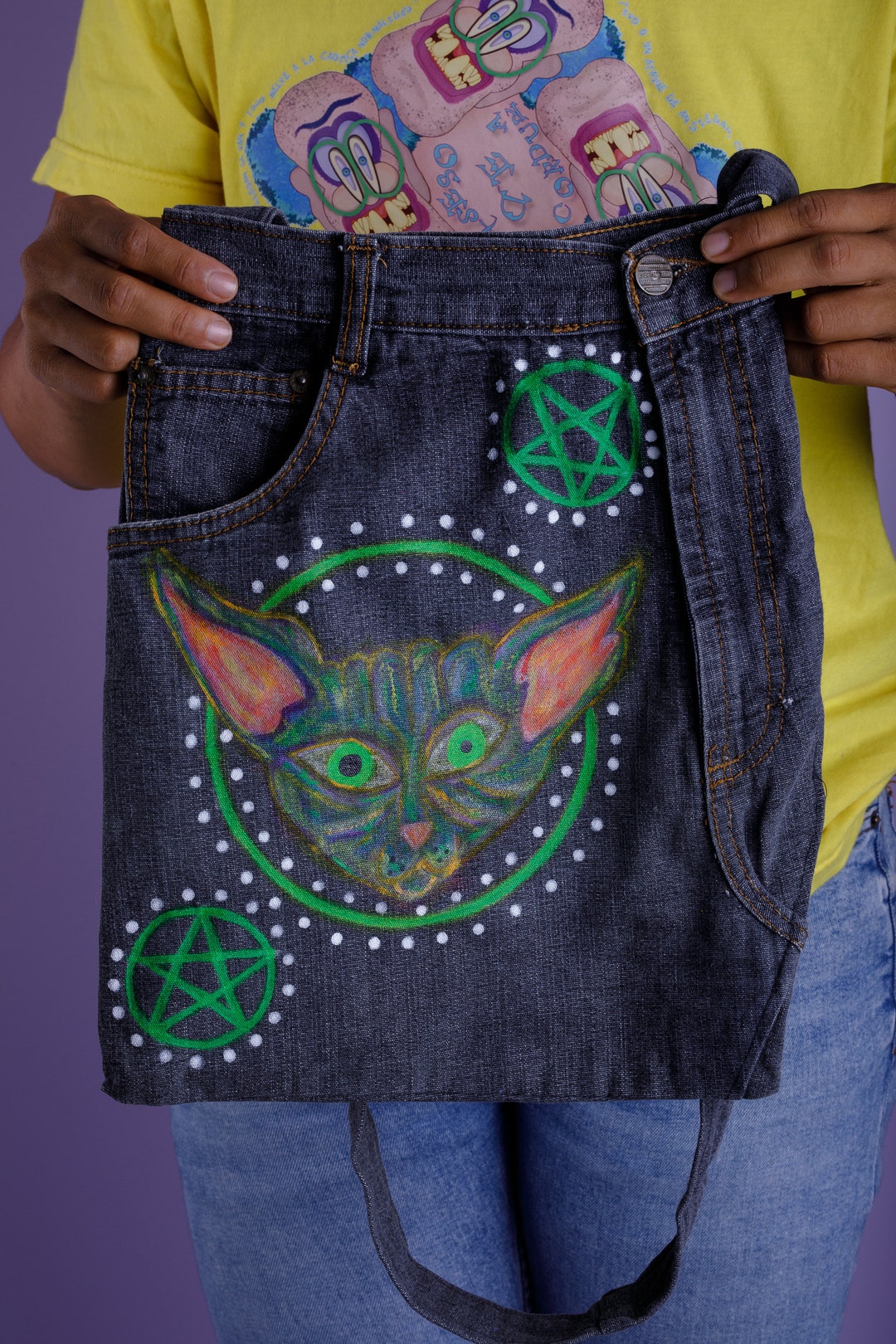 Repurposed Denim Jeans Shoulder Bag With Hand Painted Psychedelic Cat ...