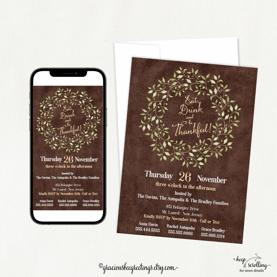 Eat Drink and Be Thankful Invitation, Thanksgiving Dinner Invitation ...