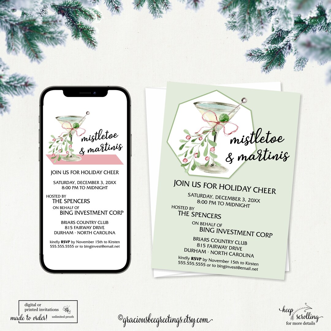 Mistletoe & Martinis Holiday Party Invitation, Holiday Cocktail Party ...