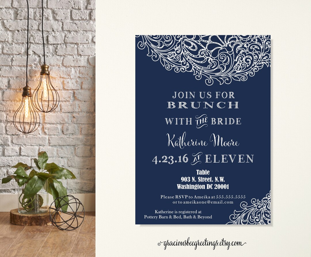 Lace Bridal Shower Brunch Invitation: Navy Blue (digital File) - Etsy