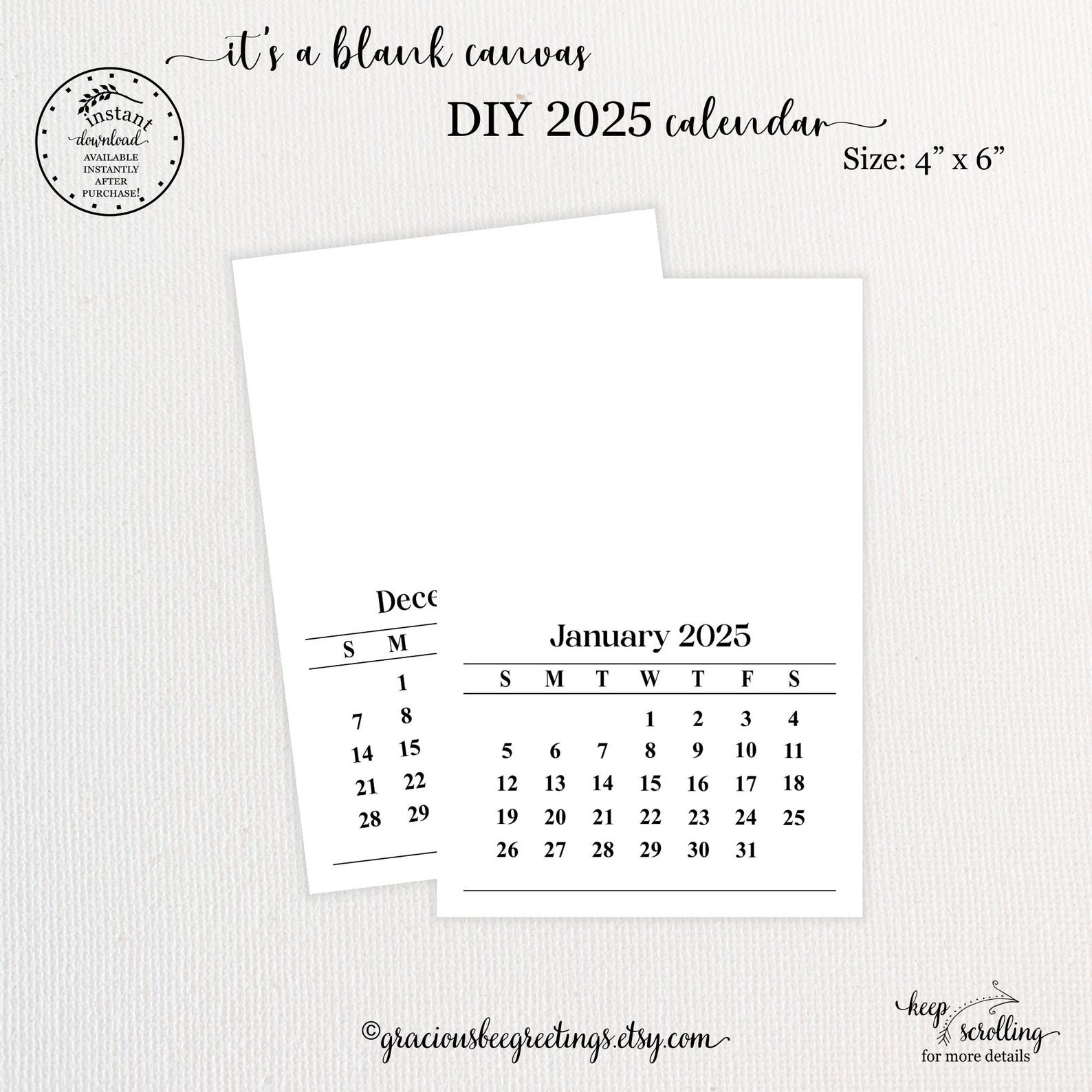 2025 DIY Craft Calendar Template: 4x6 Blank Calendar (instant Download ...