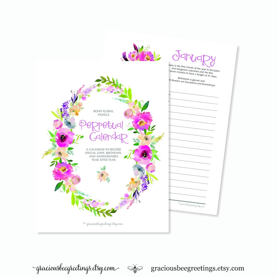 Boho Floral Perpetual Calendar: Birthday & Wedding Date Keeper (PDF ...