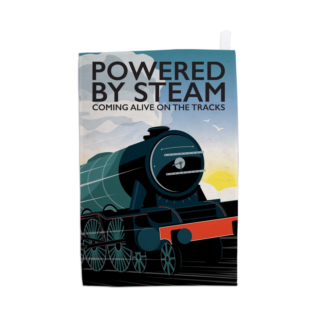 Powered by Steam, Train Railway Tea Towel - by Tabitha Mary - Travel ...