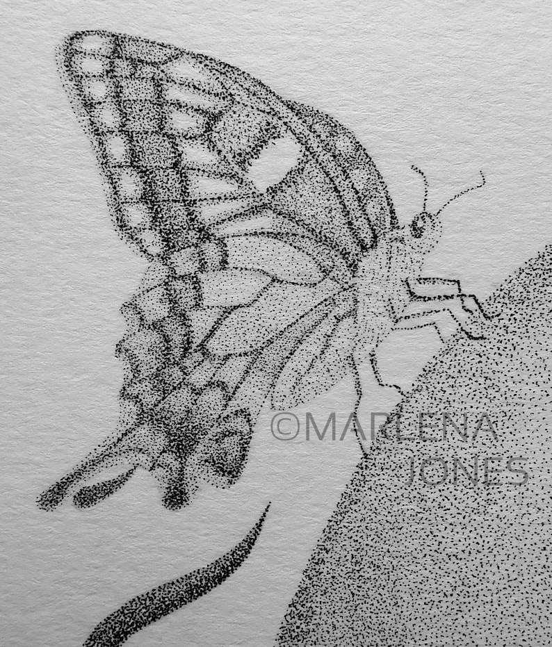 Stippling Drawing Just DOTS Ink Drawing Skull Rose Butterflies - Etsy