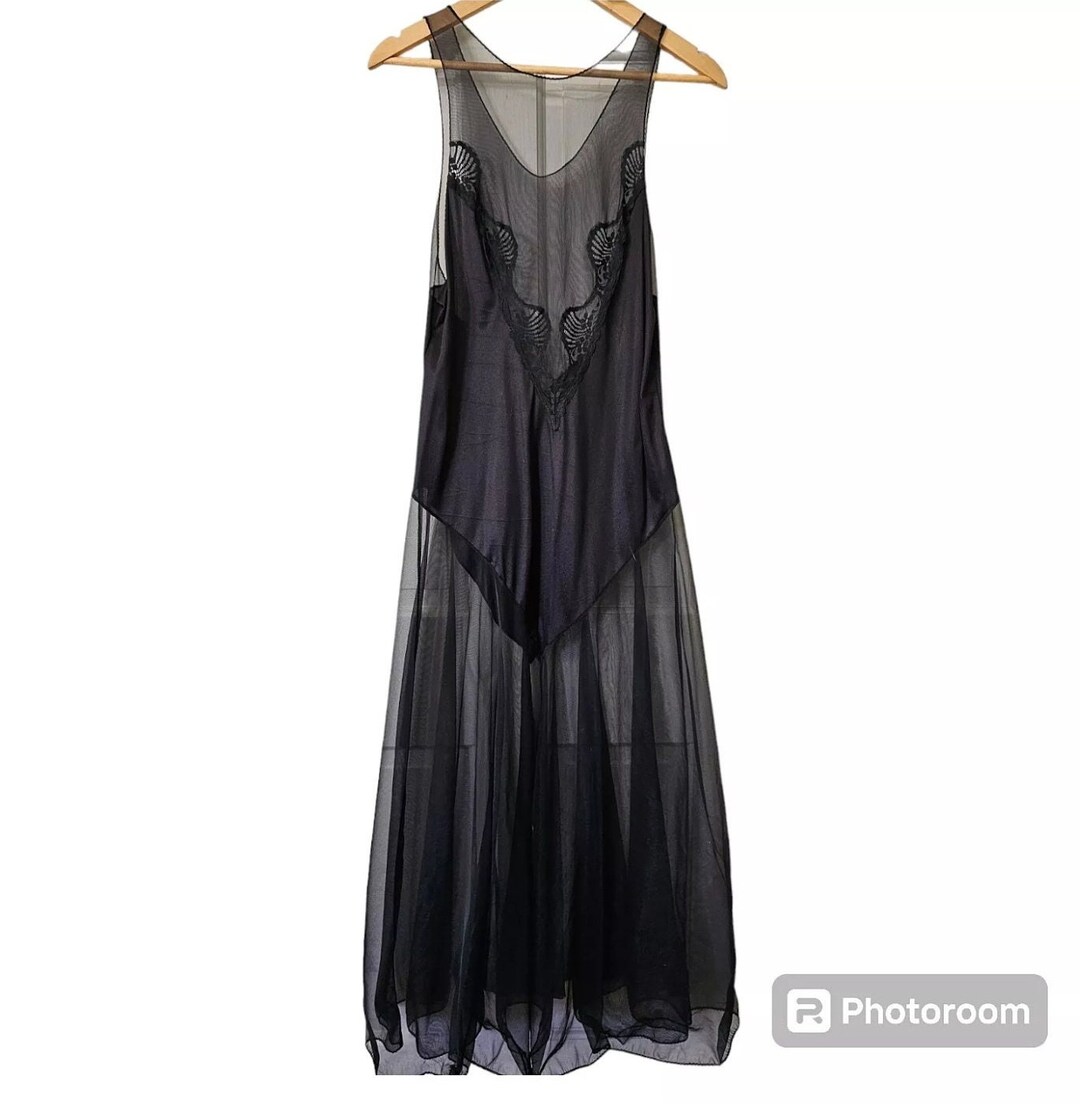 Val Mode Vtg Illusion Night Gown Dress Vamp Black Sheer Sexy Size ...
