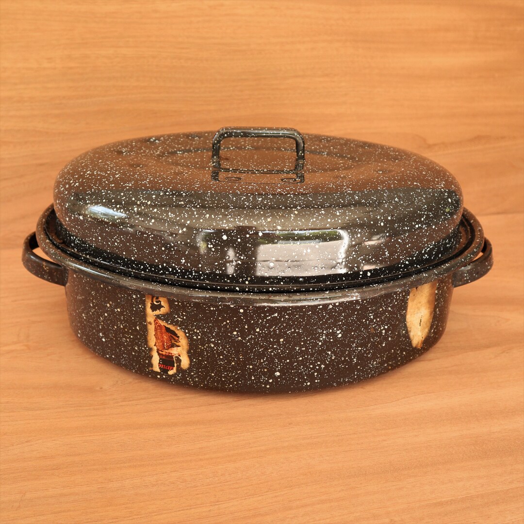 Large Vintage Enamelware Roaster With Lid - Black and White Speckled - Etsy