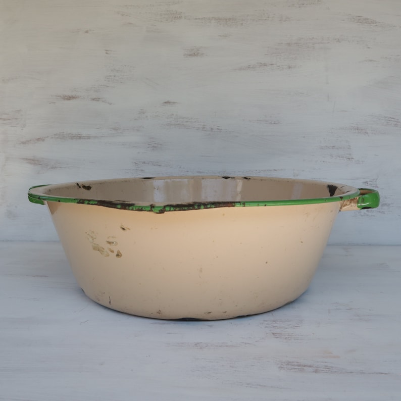 Extra Large Rustic Rusty Enamel Basin With Handles Beige - Etsy