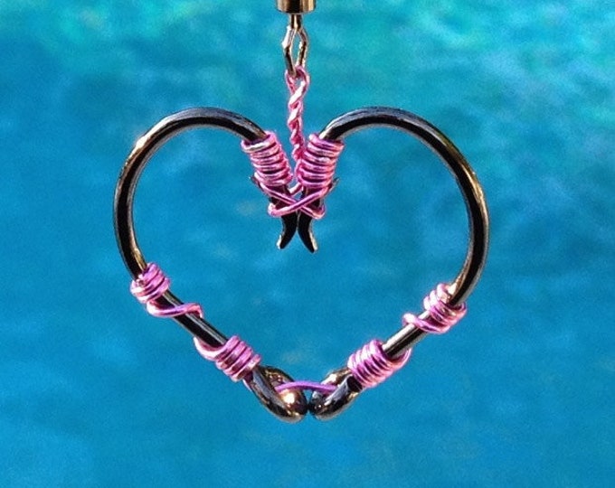 The Original FISH HOOK HEART Necklace - Pink Wire on Black Hooks - Etsy