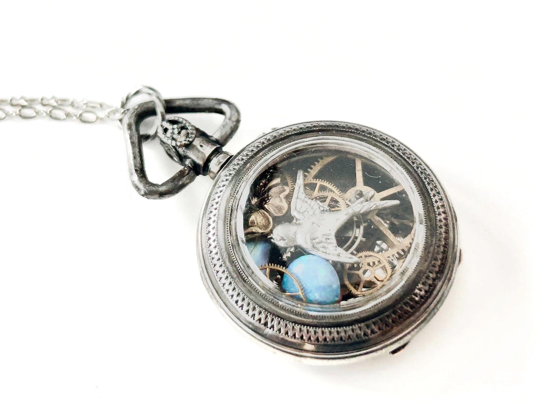 Victorian Sterling Silver Watch Case Locket Necklace With Opal and ...
