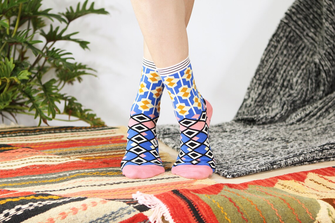 Moroccan Tile Blue Unisex Crew Socks Cotton Socks Colorful Fun ...