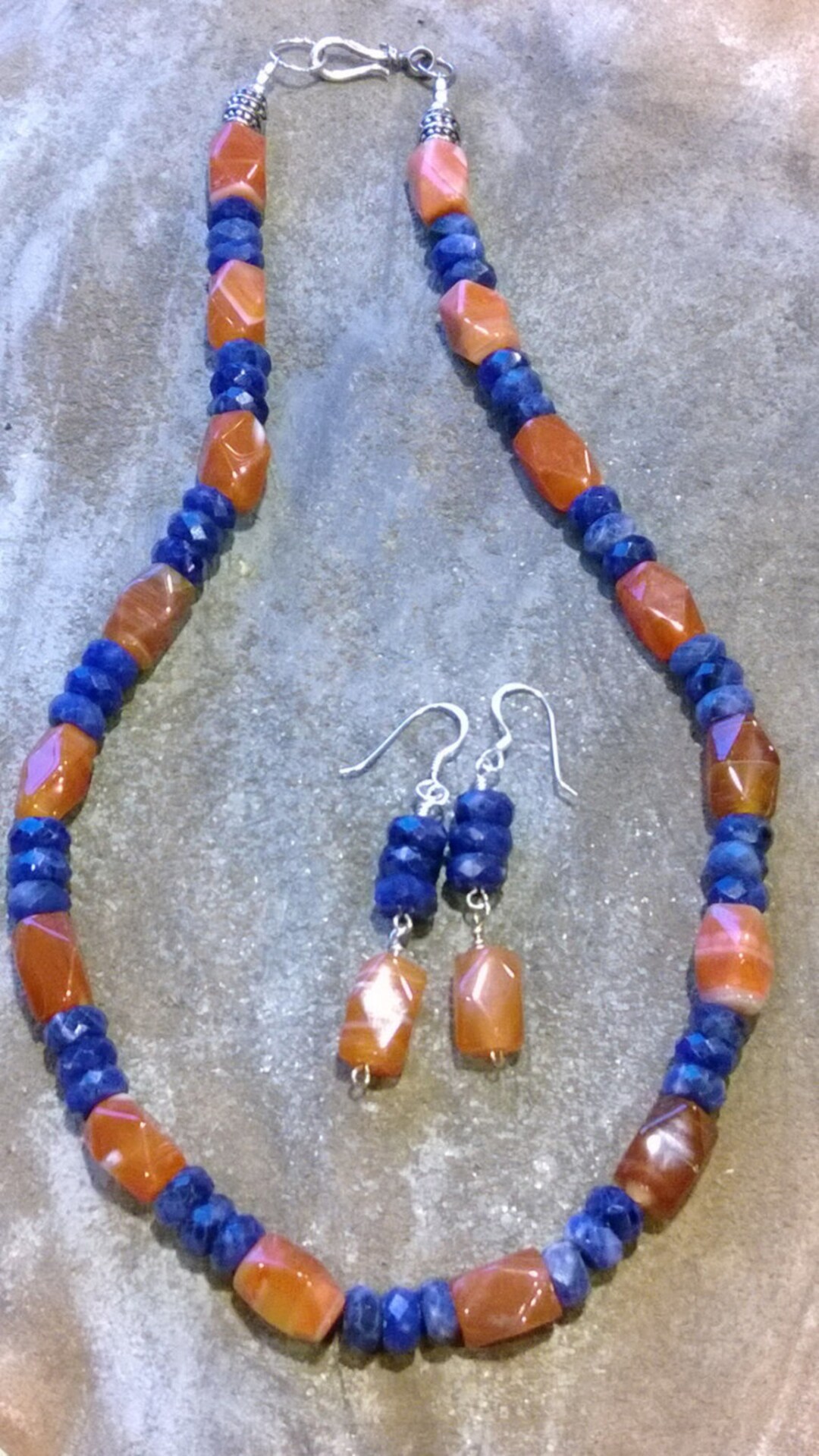 Banded Mexican Agate Necklace With Blue Sodalite, Orange Brown Blue ...