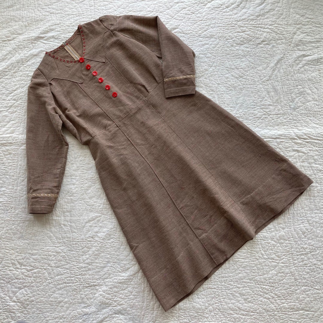 M 40s Homespun Wool Dress Long Sleeve Handmade Work Dress Chore Dress ...