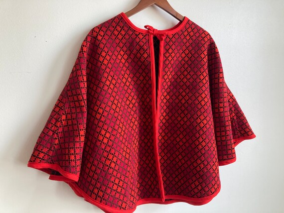60s Reversible Wool Cape Neon Red Cloak Geometric Wea… - Gem