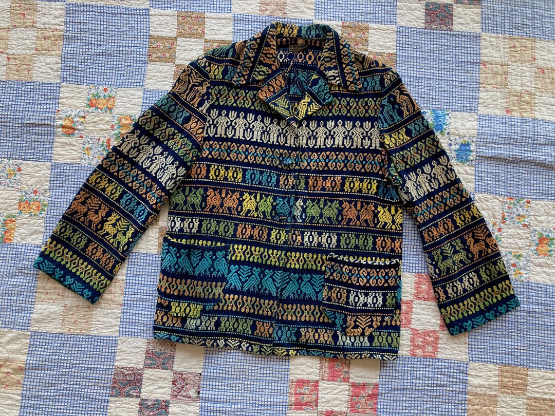 50s 60s Guatemalan Chore Coat Pictoral Woven Cotton Jacket Birds ...
