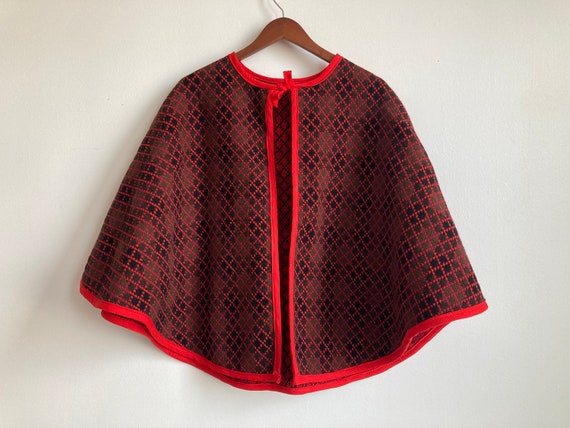 60s Reversible Wool Cape Neon Red Cloak Geometric Wea… - Gem