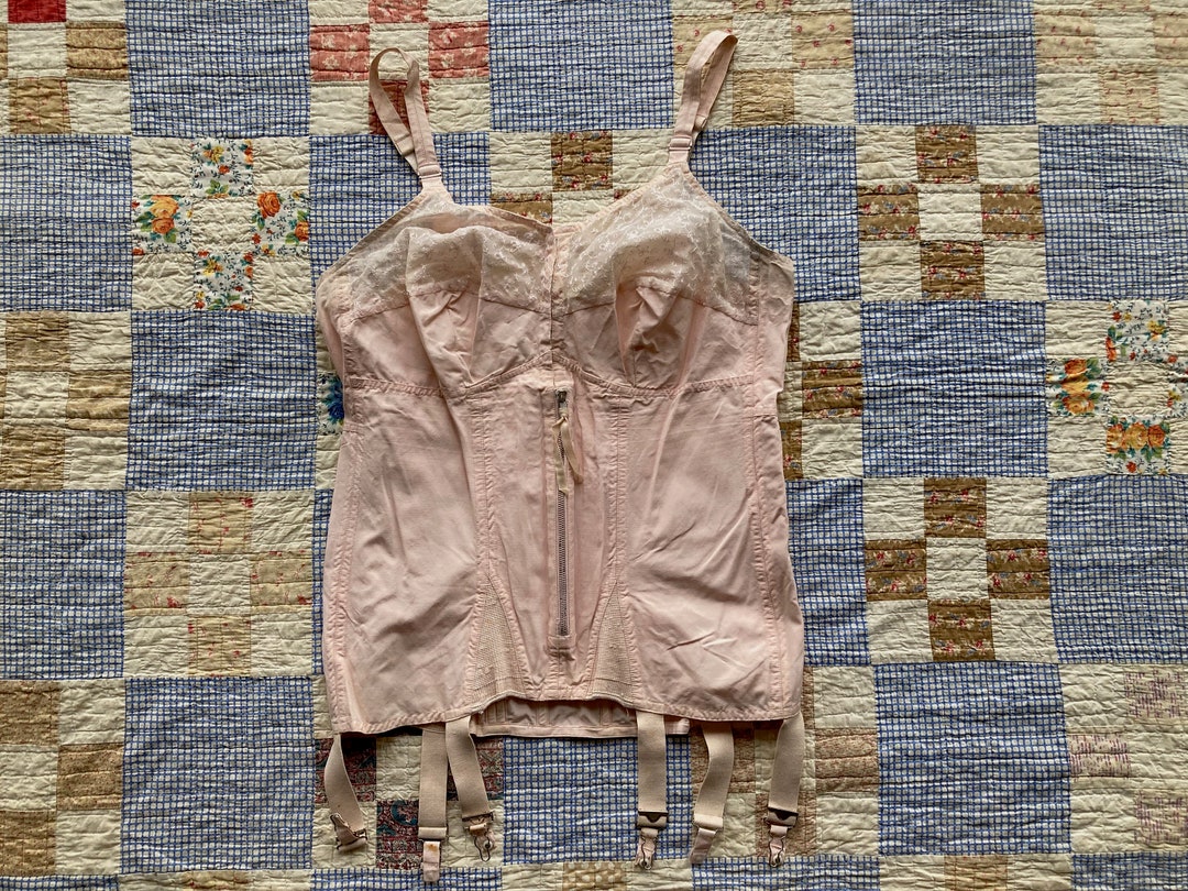 XL 38DD 40s Pink Corset W/ Bra Girdle With Garters Boned Hook and Eye Zipper Vintage Shapewear ...