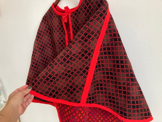 60s Reversible Wool Cape Neon Red Cloak Geometric Wea… - Gem