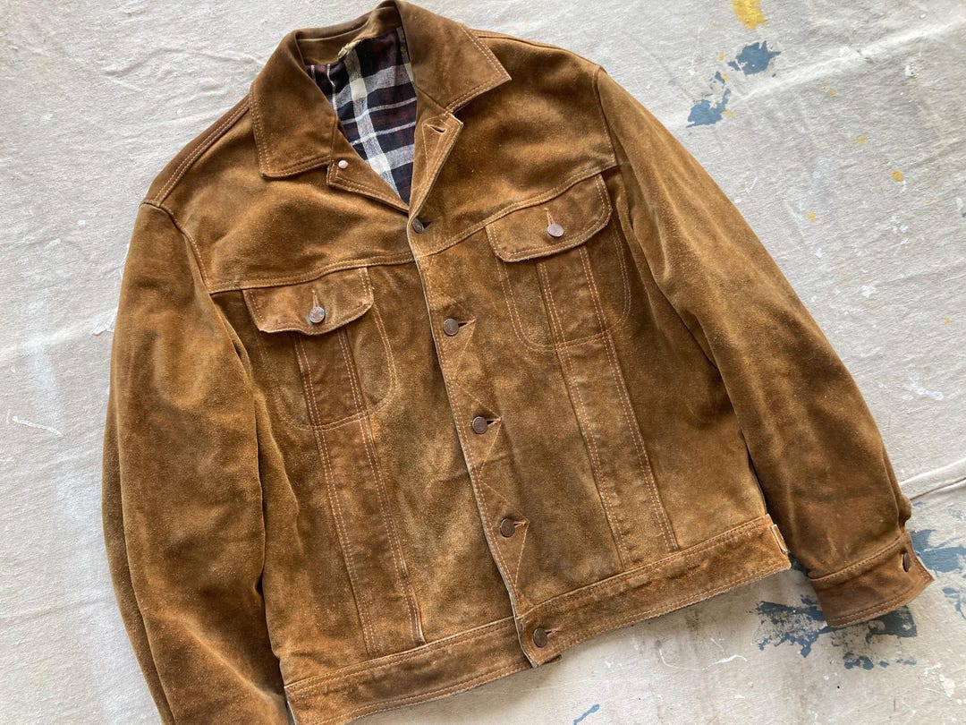 M L 1960s Suede Jacket 101-J Cut Button Front Trucker Jacket Wool Lined ...
