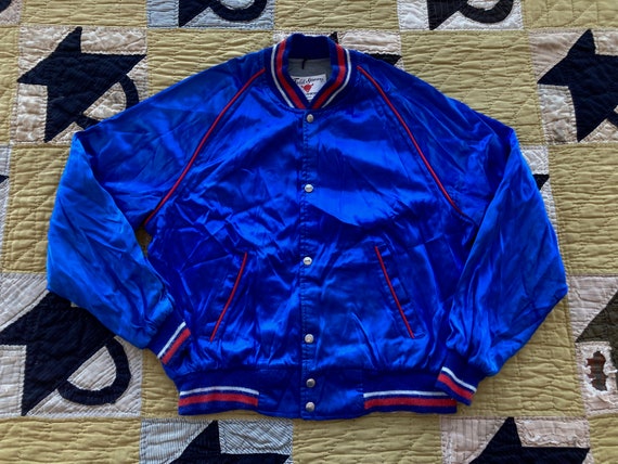 L 70s Field and Stream Royal Blue Satin Bomber Jacket… - Gem
