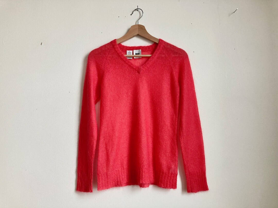 80s DKNY Day-glo Red Mohair Sweater V-neck Neon Pink Angora 1980s 90s ...